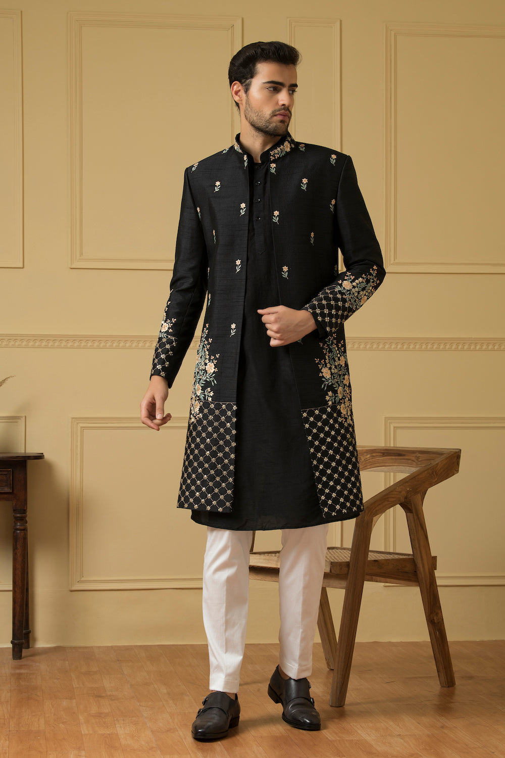 Elegant Dupion Silk long nehru jacket – HILO DESIGN